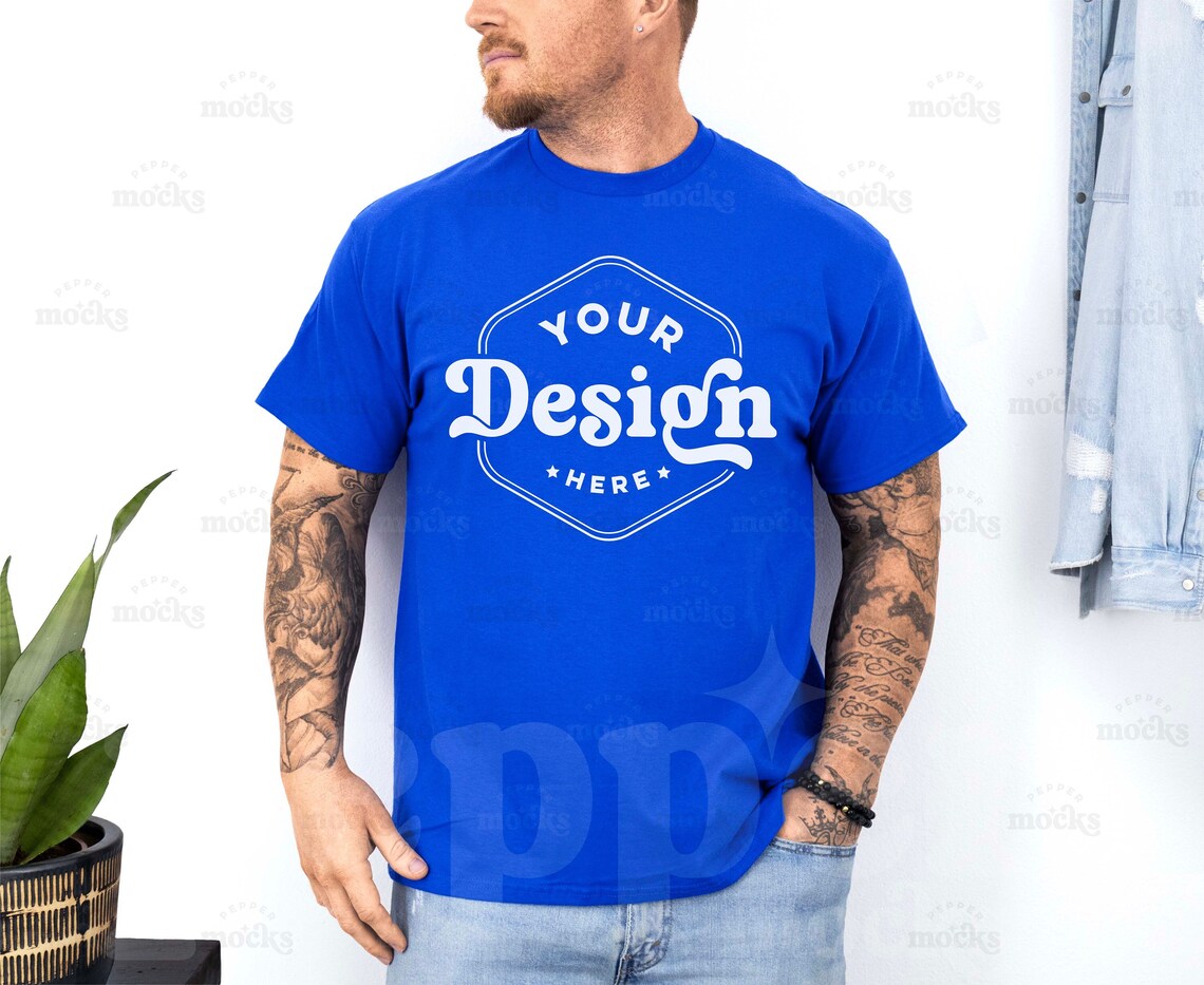 Gildan 5000 Royal T-shirt Mockup Male G640 Tshirt Mock-up Real Human ...