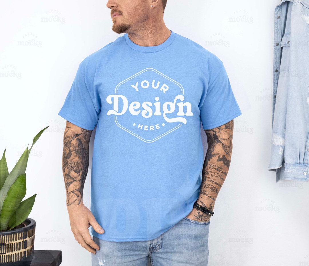 Gildan 5000 Carolina Blue T-shirt Mockup Male G500 Tshirt Mock-up Real ...