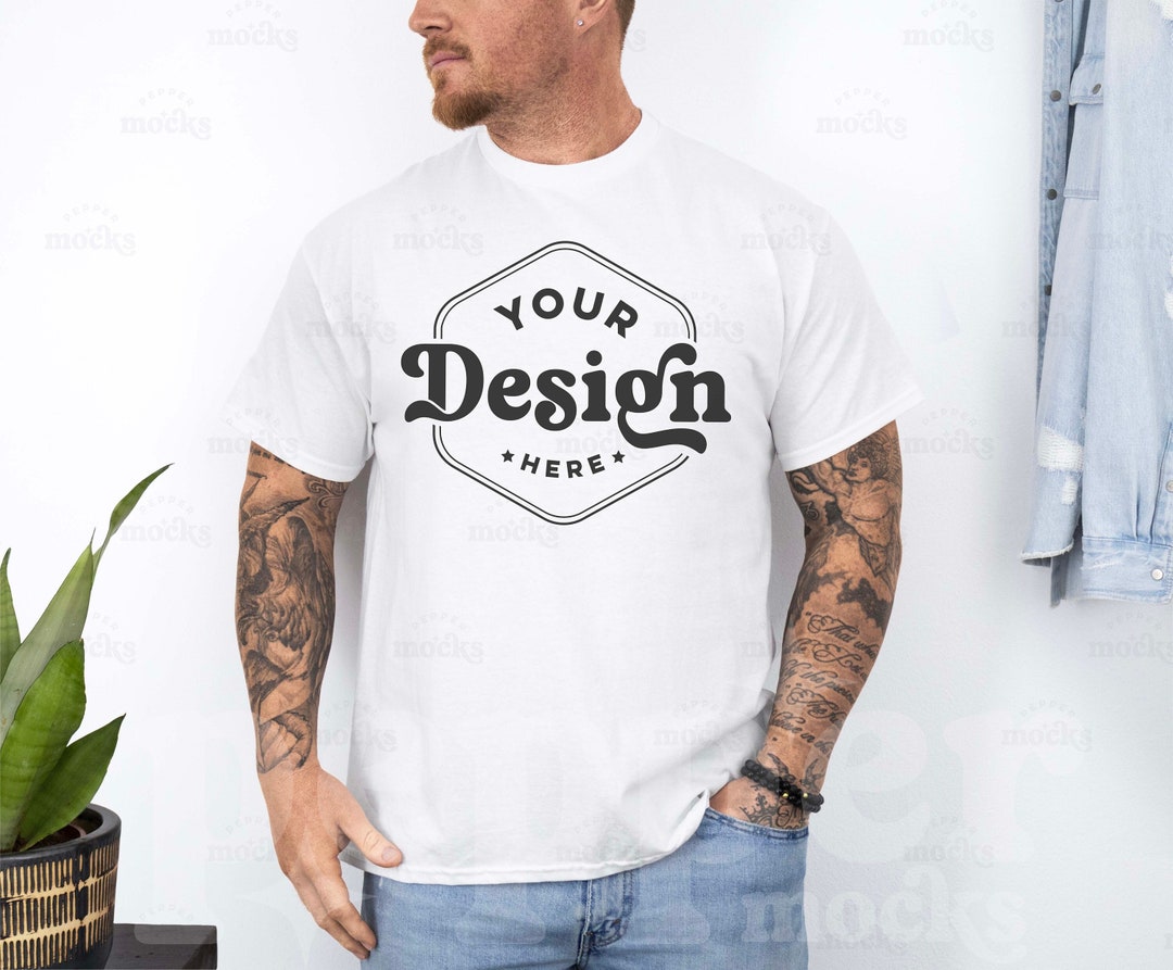 Gildan 5000 White T-shirt Mockup Male G500 Tshirt Mock-up Real Human ...