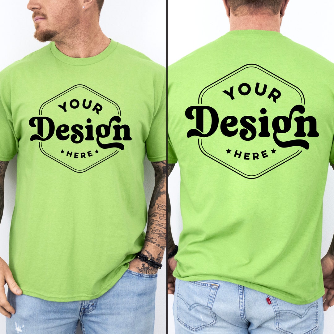 Gildan 5000 Kiwi T-shirt Split View Mockup Male G500 Tshirt Mock-up Real Human Model Mock Casual ...