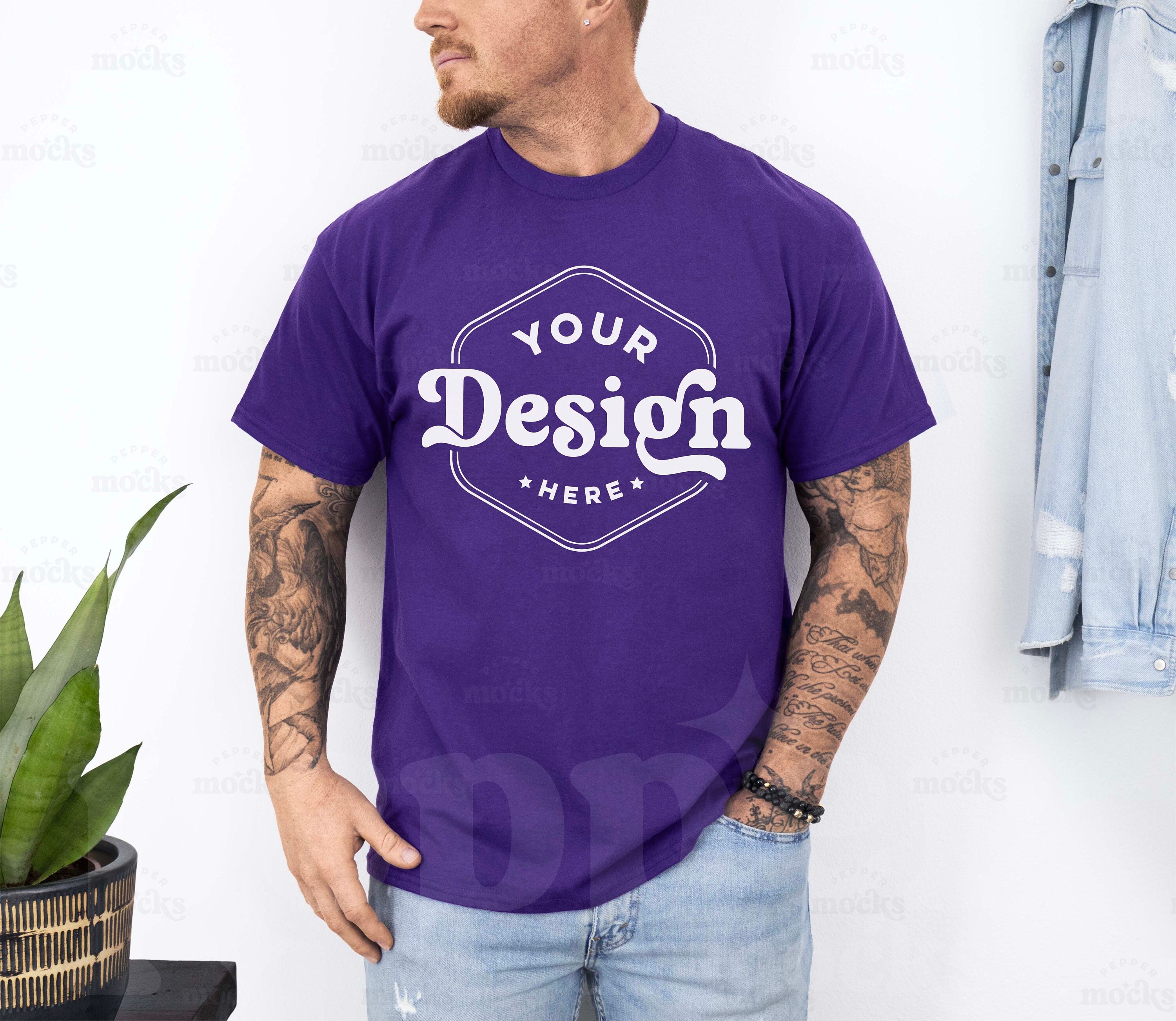 Gildan 5000 Purple T-shirt Mockup Male G640 Tshirt Mock-up Real Human ...