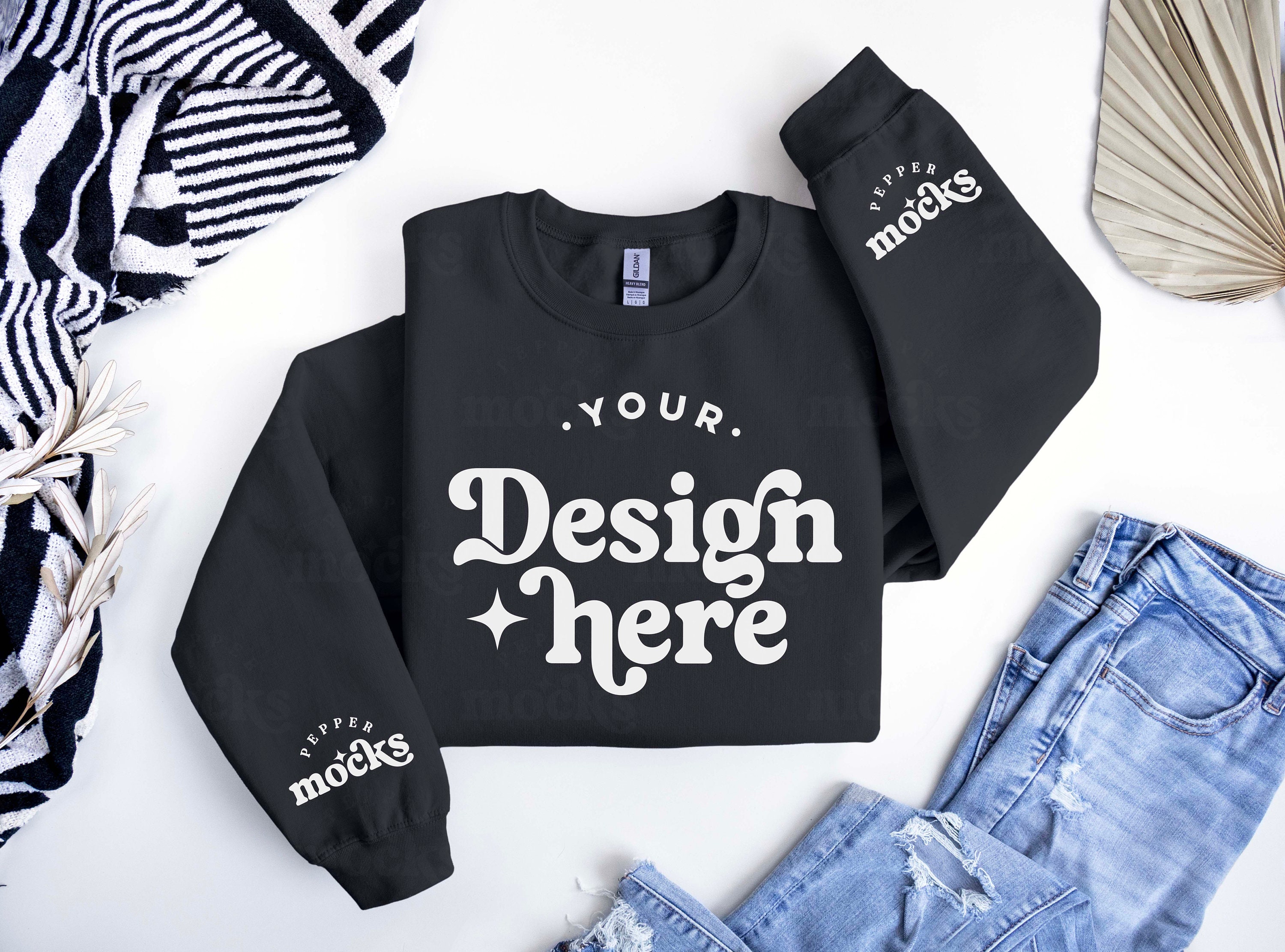 Gildan 18000 Black Sweatshirt Sleeve Mockup | Flatlay (digital Download ...