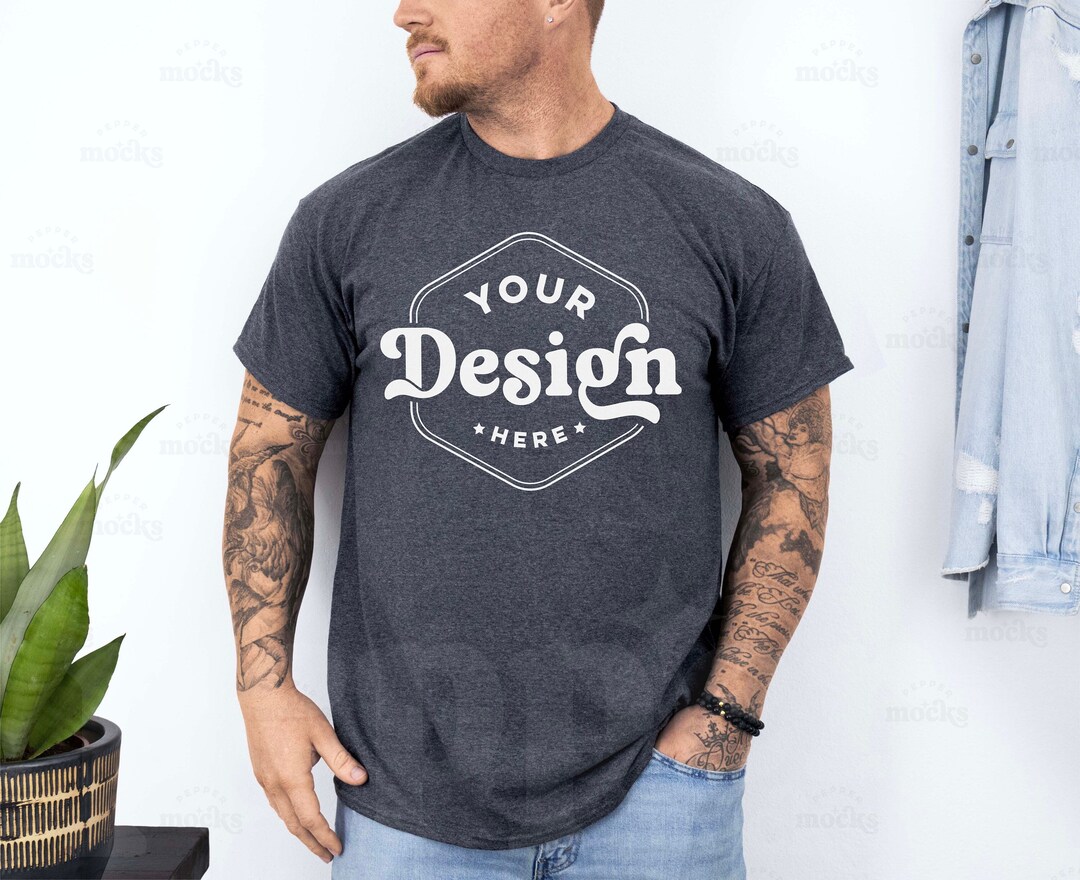 Gildan 5000 Dark Heather T-shirt Mockup Male G500 Tshirt Mock-up Real ...