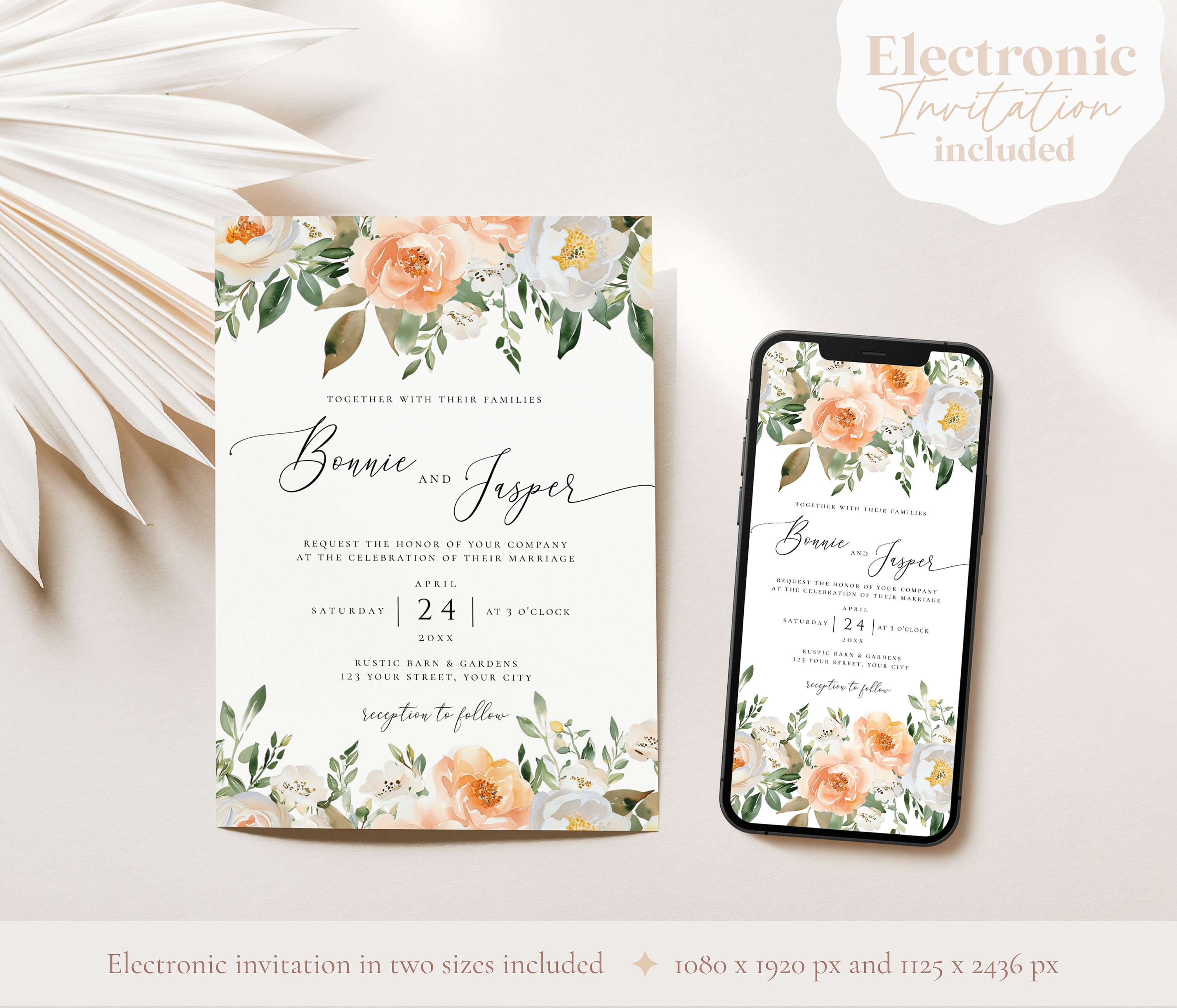 Peach Wedding Invitation Template, Printable Wedding Invitation ...