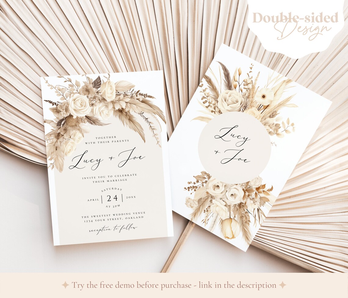 Boho Wedding Invitation Template, Printable Boho Invitation, Pampas ...