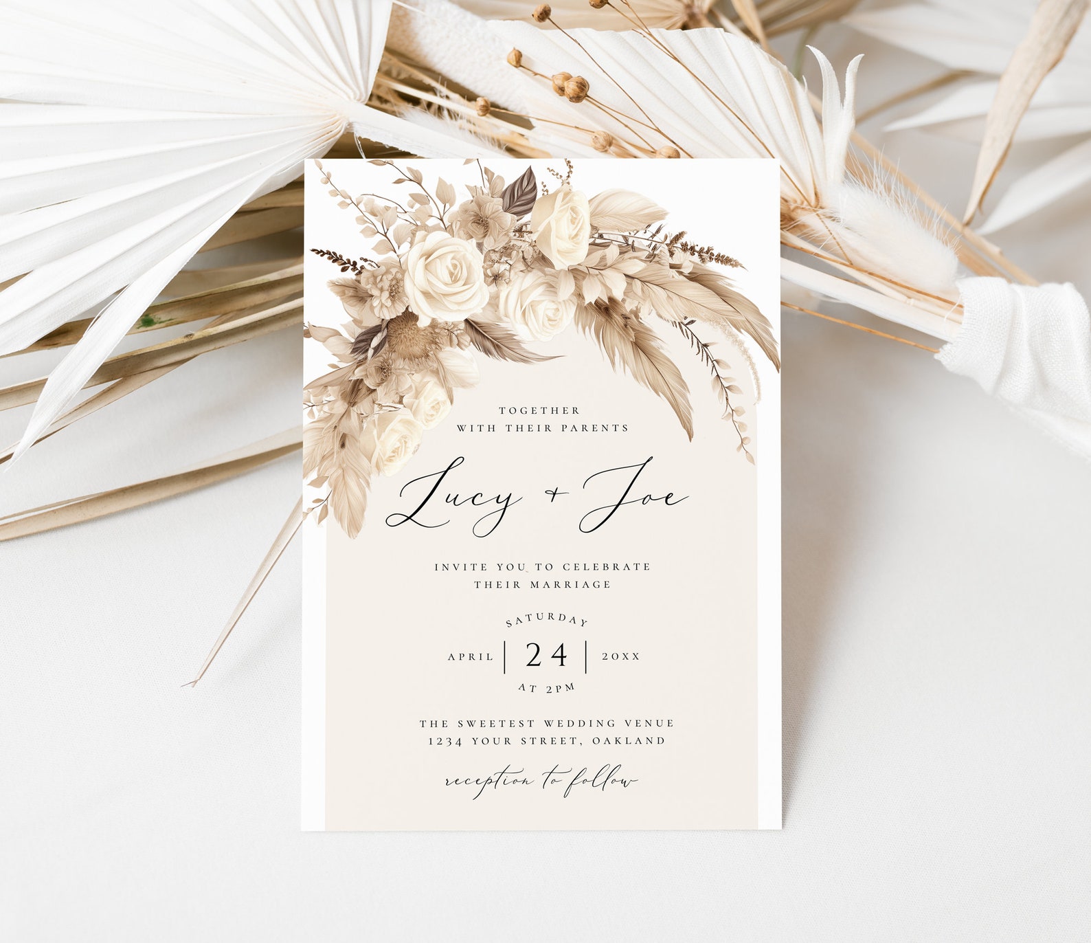Boho Wedding Invitation Template, Printable Boho Invitation, Pampas ...
