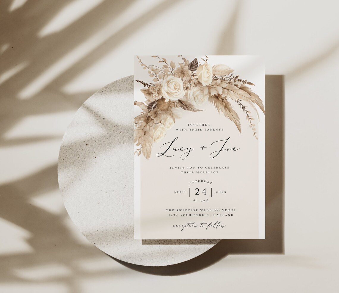 Boho Wedding Invitation Template, Printable Boho Invitation, Pampas ...