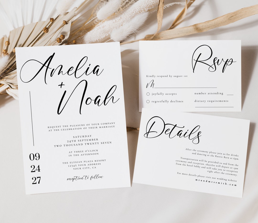 Modern Calligraphy Wedding Invitation Set, Minimalist Wedding Invite ...