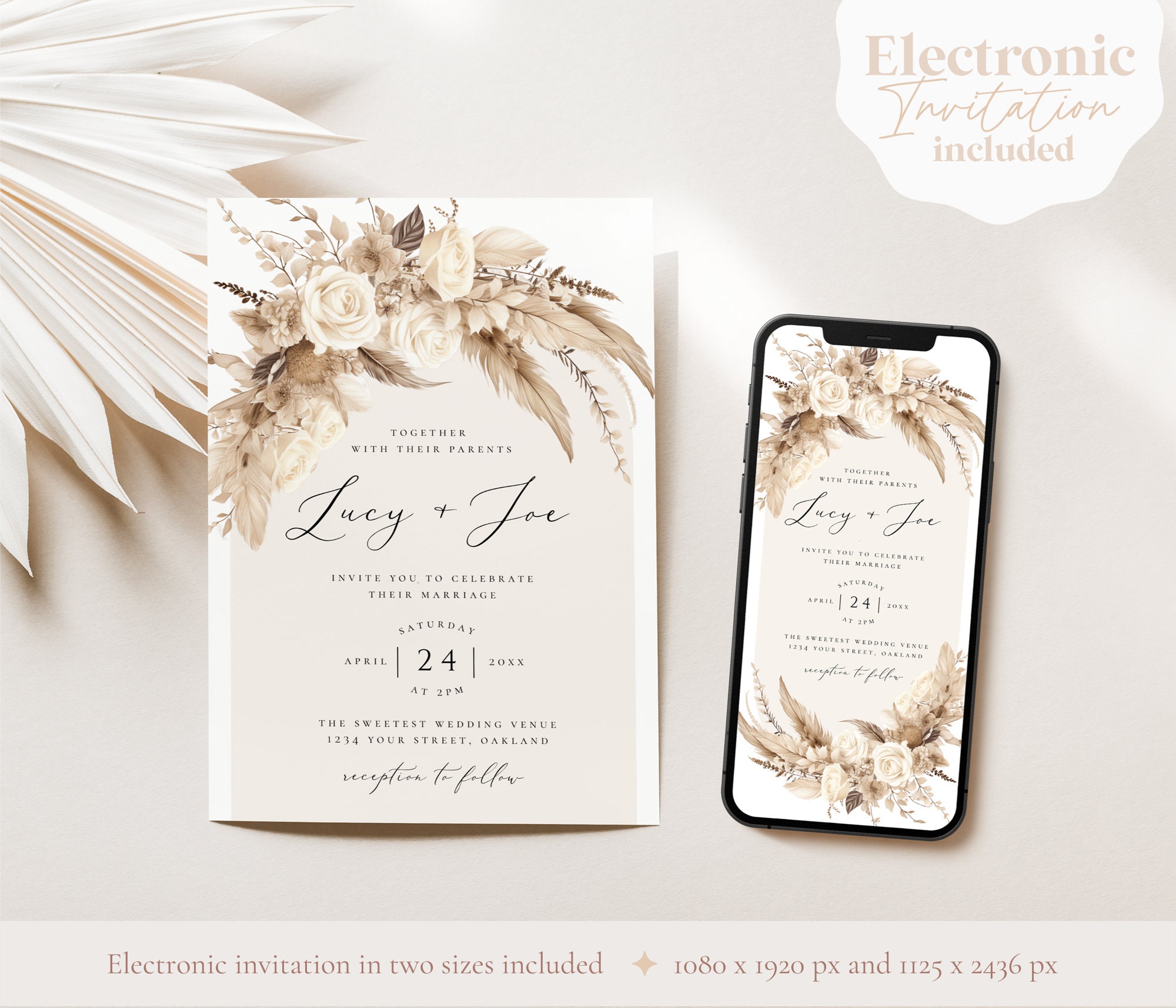 Boho Wedding Invitation Template, Printable Boho Invitation, Pampas ...