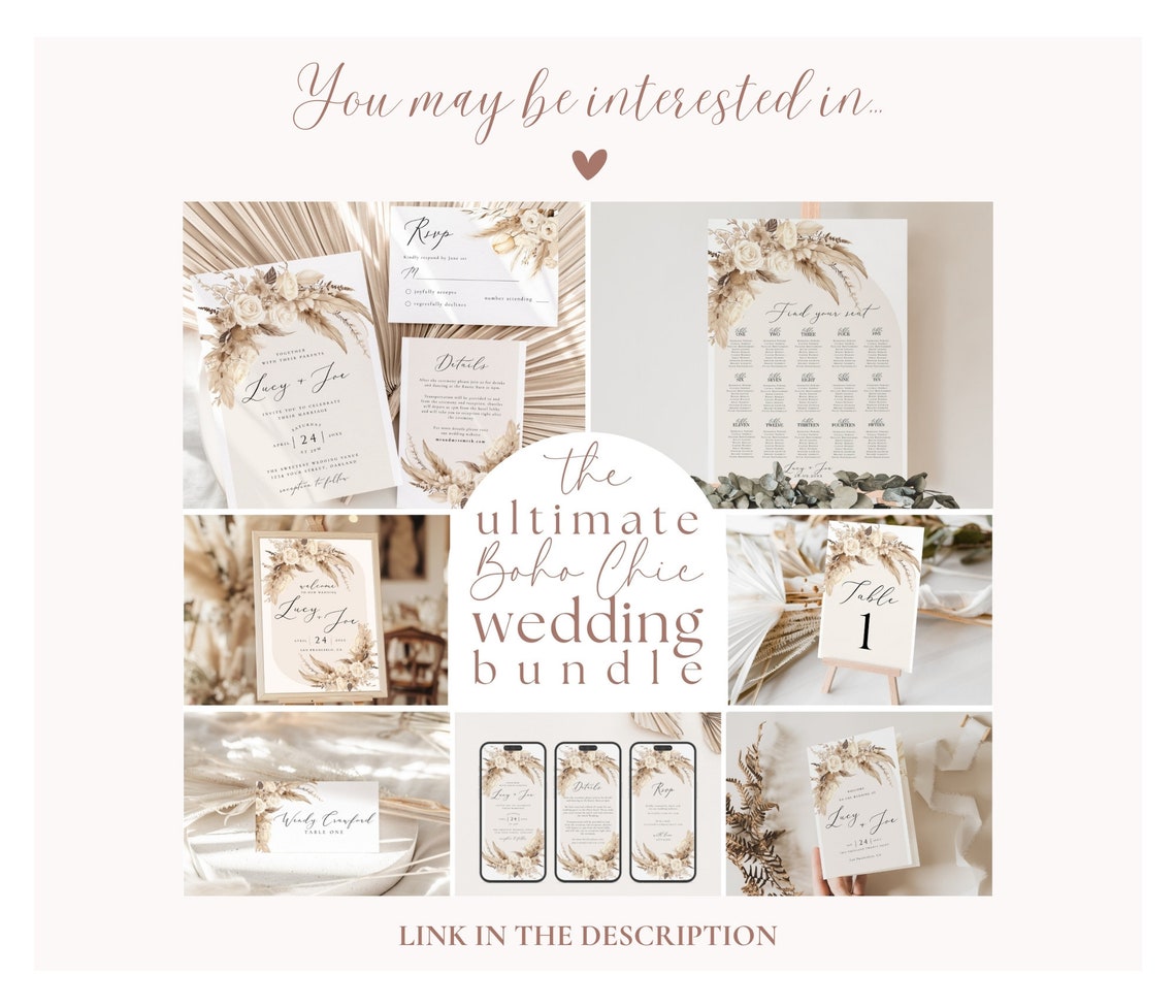 Boho Wedding Invitation Template, Printable Boho Invitation, Pampas ...