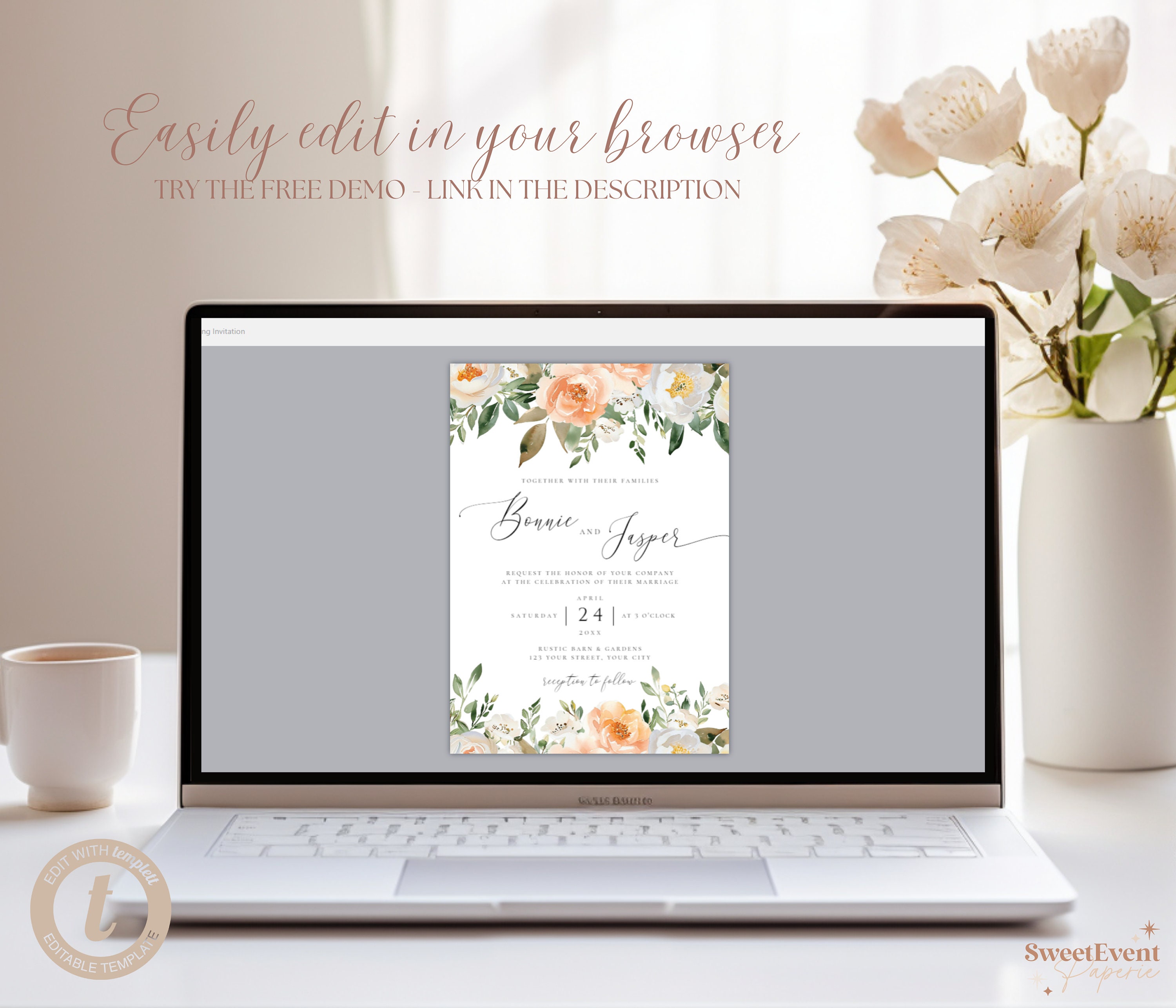 Peach Wedding Invitation Template, Printable Wedding Invitation ...