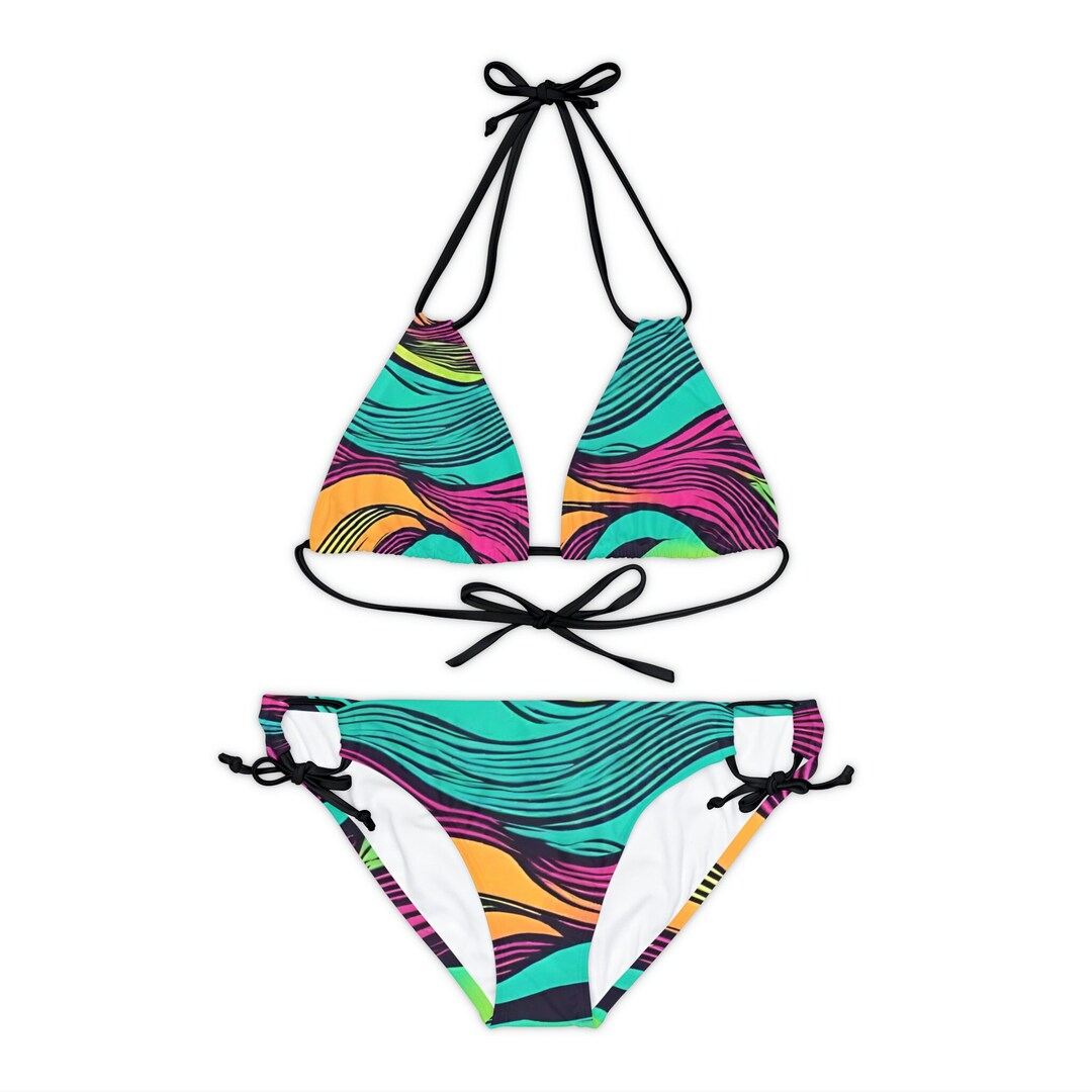 Neon Waves Bikini Set, Black Straps, Bright Multi-color Swim Suit ...