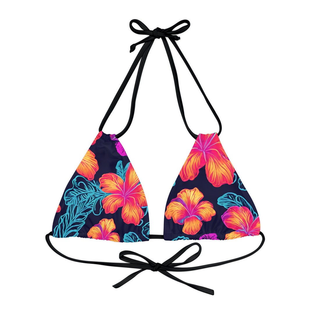 Hawaiian Flowers Bikini Top, Black Straps and Bright Colored Bikini Top ...