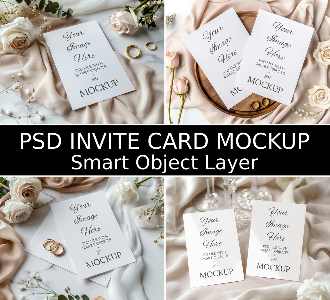 5x7 Wedding Invitation Card Mockup Bundle, 4 White 5x7 Invite Cards Psd ...