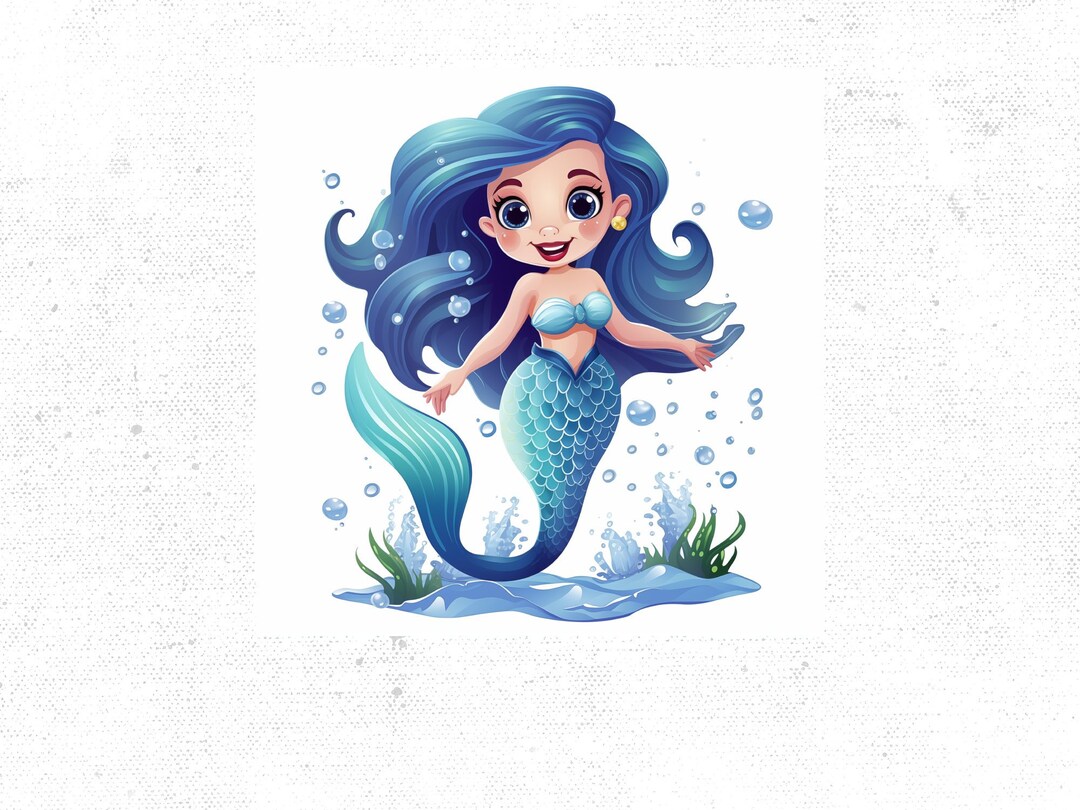 Cartoon Mermaid Blue 2 Cute Mermaid Clipart PNG Files Instant Download ...