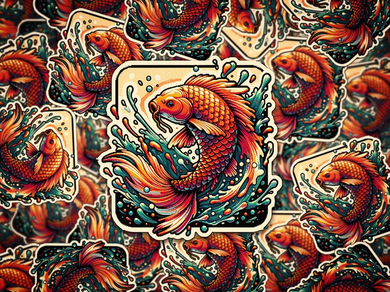 32-bit Koi Fish Sticker Retro Pixel Art Aquarium Decal Colorful Fish ...