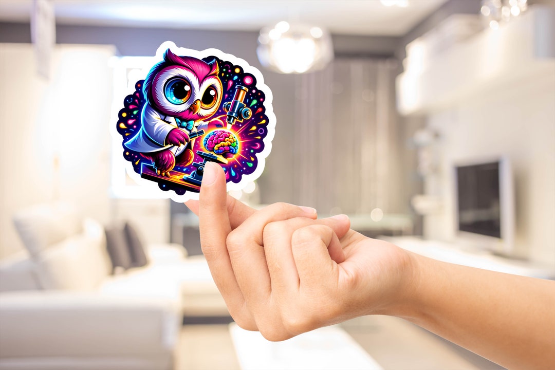 Whimsical Owl Scientist Sticker - Cute Brainy Bird Decal - Colorful Lab ...