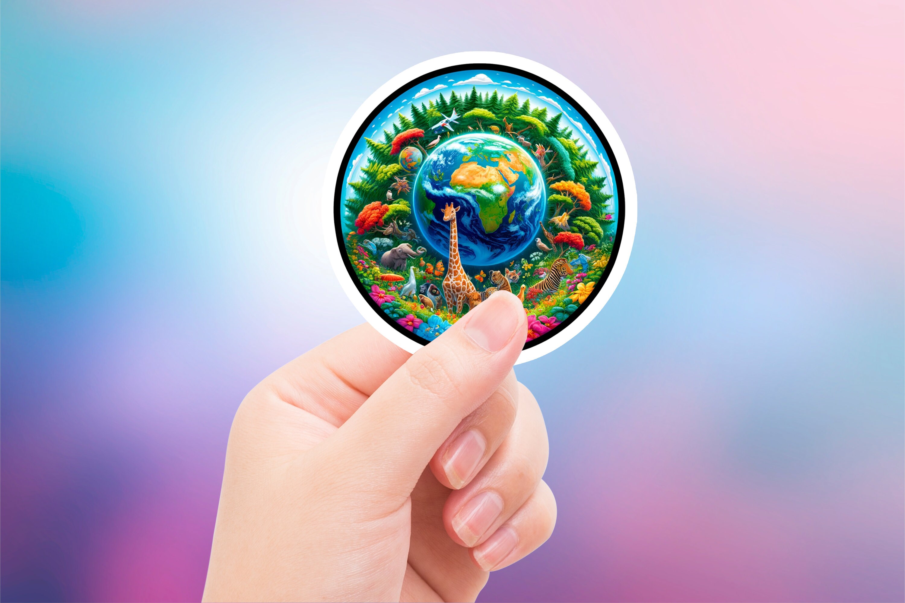 Global Wildlife Sticker, Earth Ecosystem Decal, Vibrant Nature Circle ...
