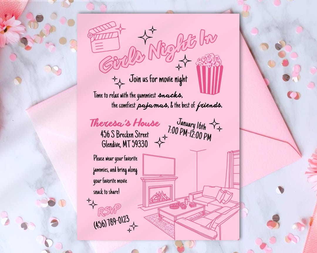 Pink Girls Night in Invitation Cozy Night Watch Party Invite Pink ...