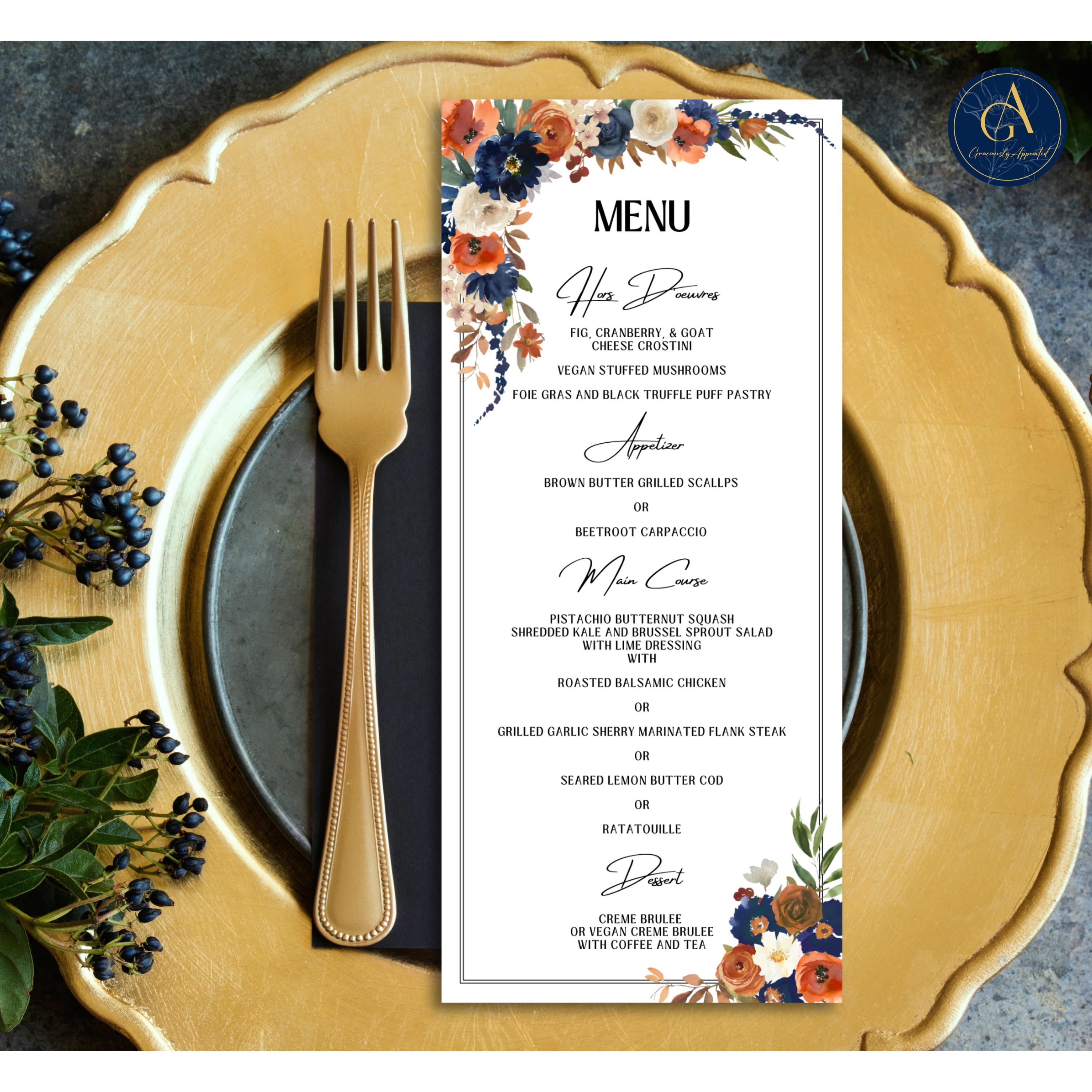 Navy and Orange Wedding Reception Menu Template Customizable Menu Canva ...