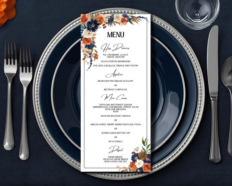 Navy and Orange Wedding Reception Menu Template Customizable Menu Canva ...