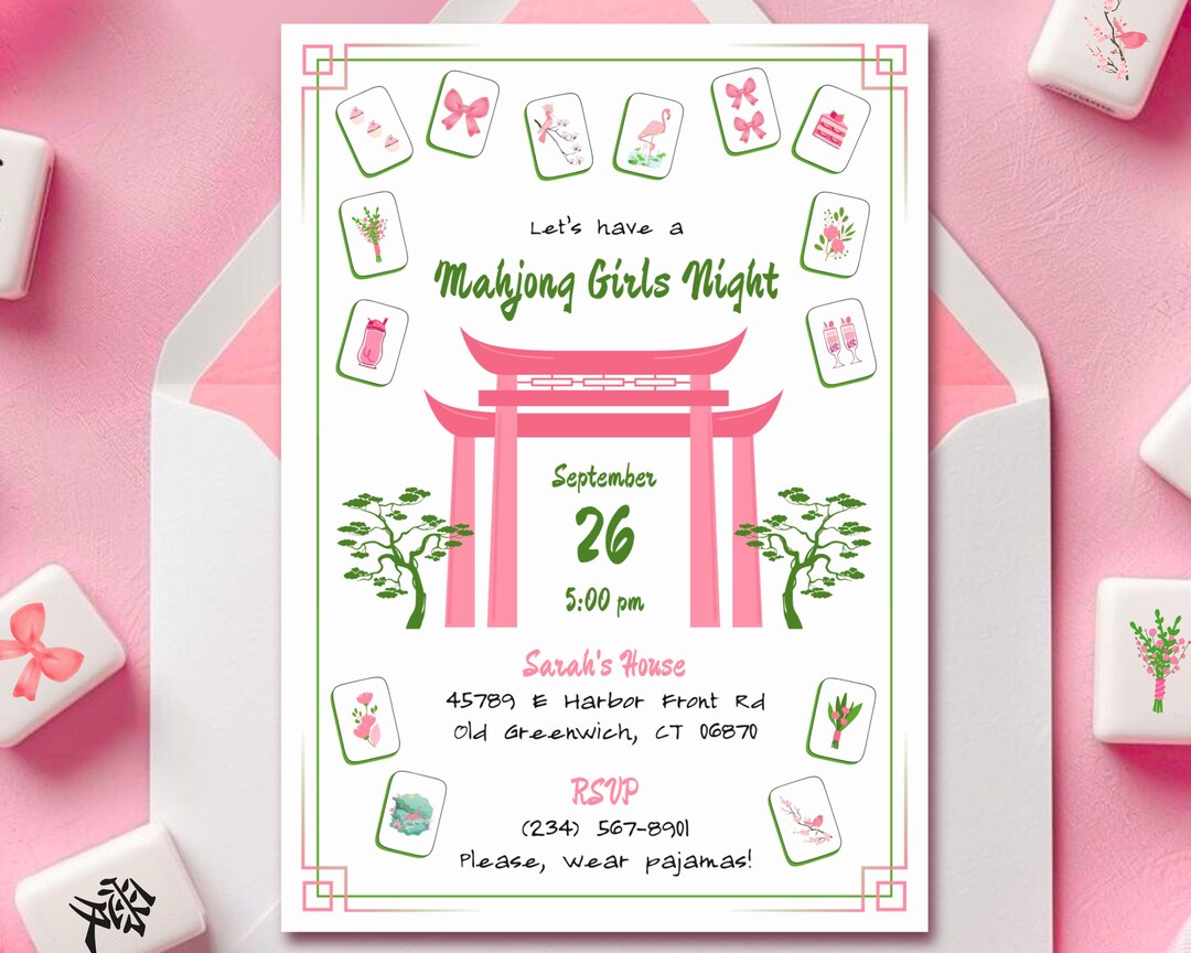 Galentines Mahjong Invite Template Canva Mahjong Pajama Game Night ...