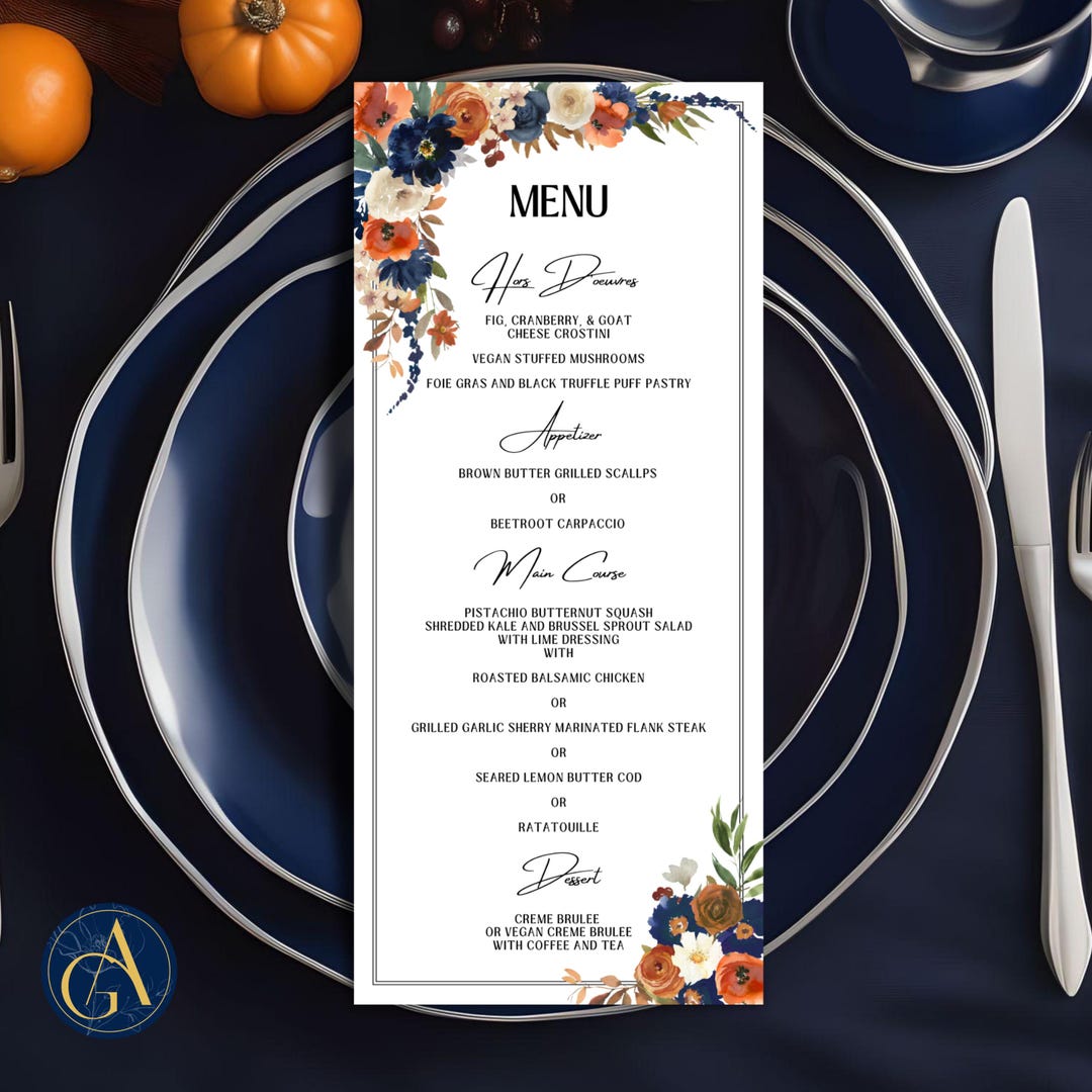 Navy and Orange Wedding Reception Menu Template Customizable Menu Canva ...