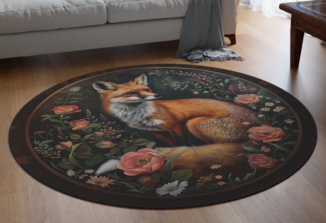Majestic Woodland Fox Round Rug Botanical Elegance, Soft Durable Home ...