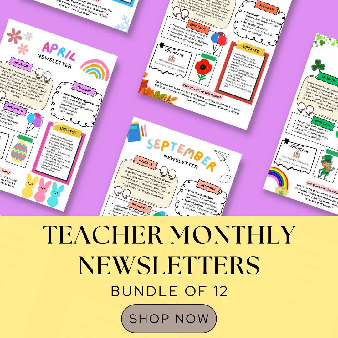 12 Monthly Teacher Newsletters | Editable Newsletter Template | School ...
