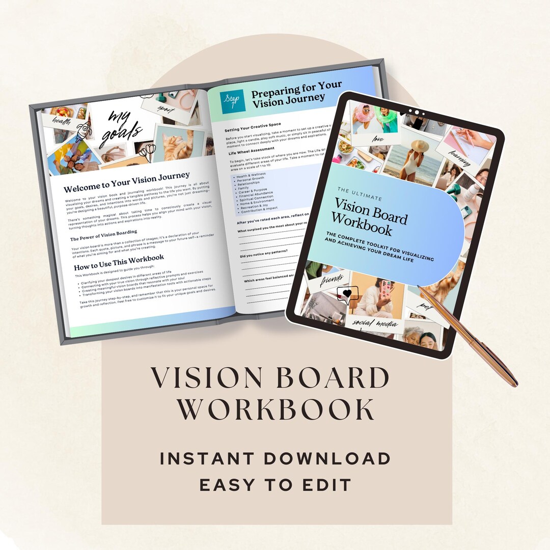 Vision Board Workbook Digital, Printable Journaling Pages, Mental ...
