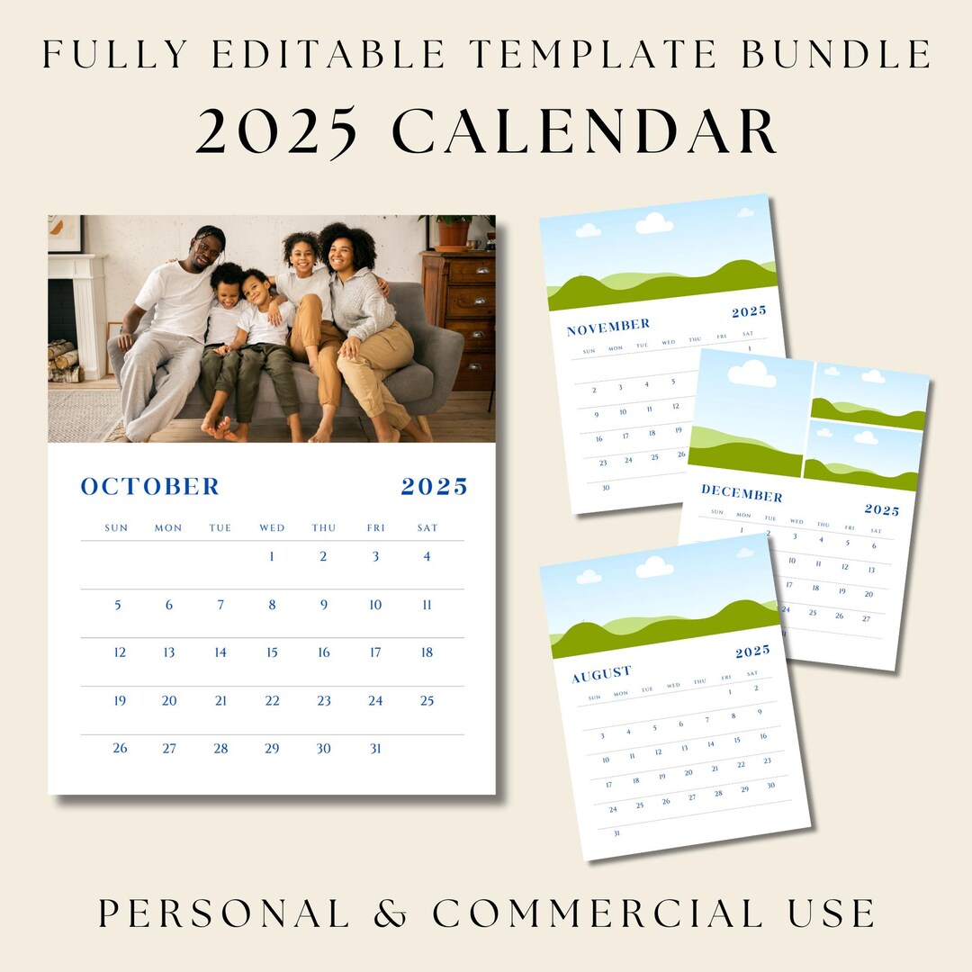 2025 Calendar Template, Editable DIY Photo Wall Calendar, 12 Month ...
