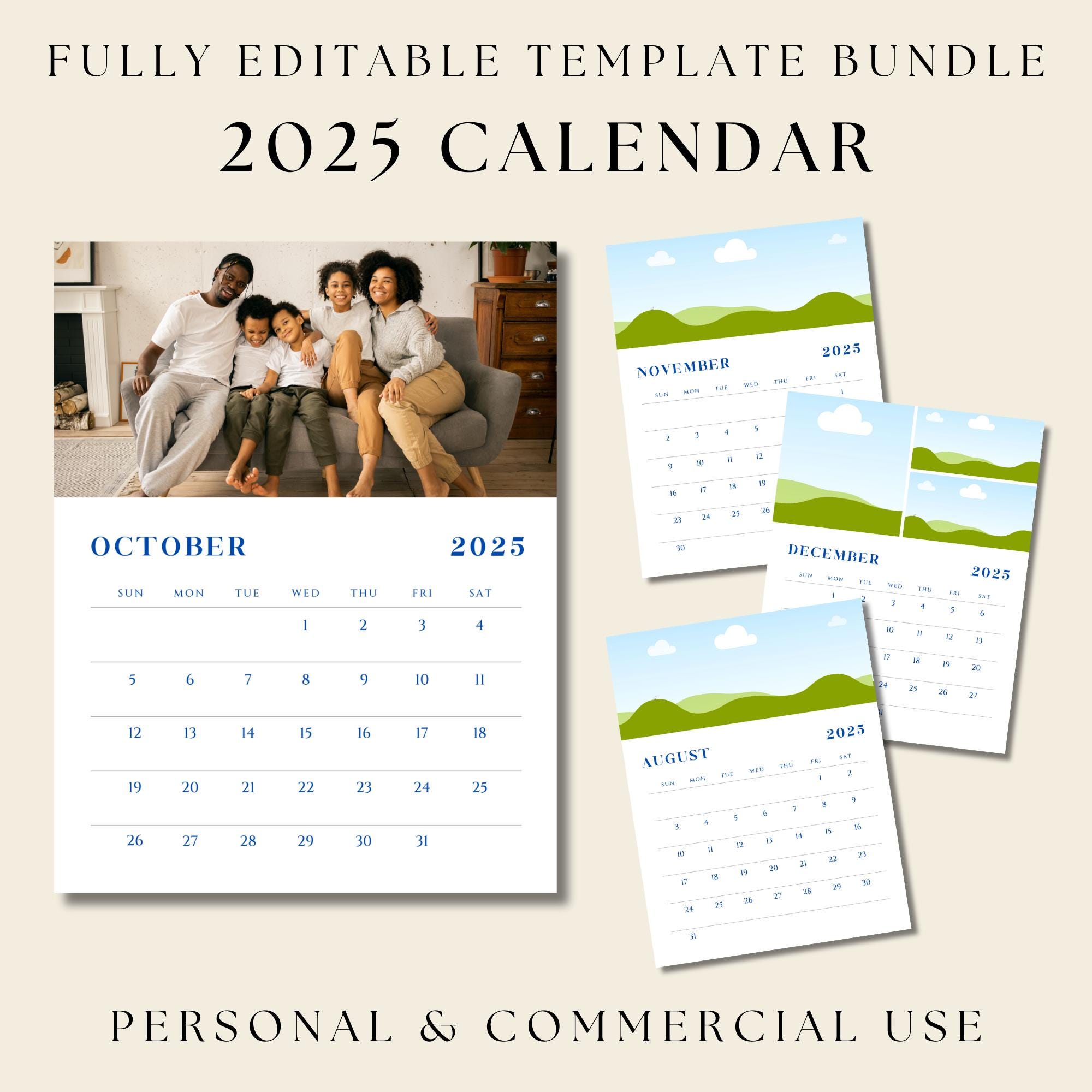 2025 Calendar Template, Editable DIY Photo Wall Calendar, 12 Month ...