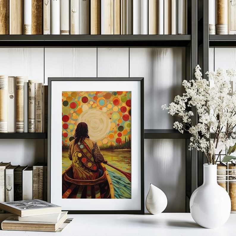 Indigenous Man in Canoe Printable, Spiritual Journey Wall Art, Tranquil ...