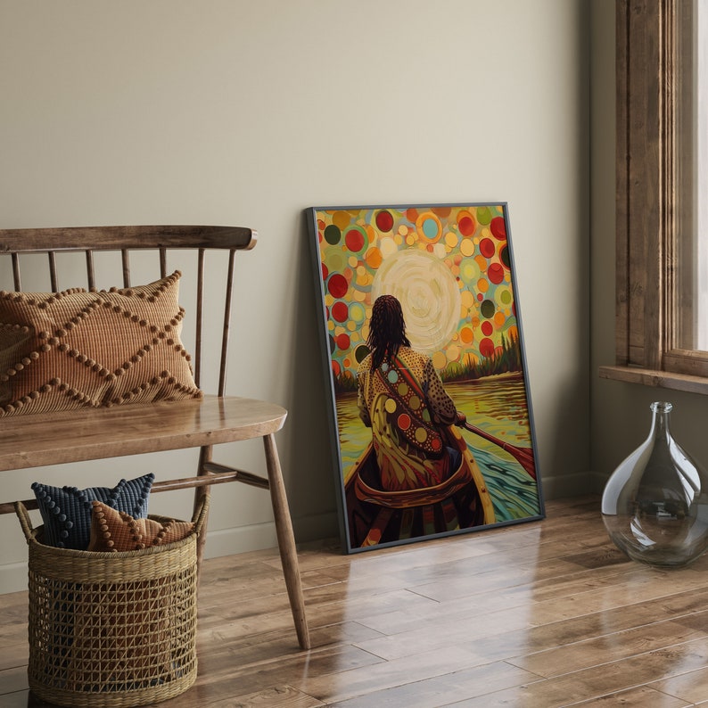 Indigenous Man in Canoe Art Print: Tranquil River Journey (digital ...