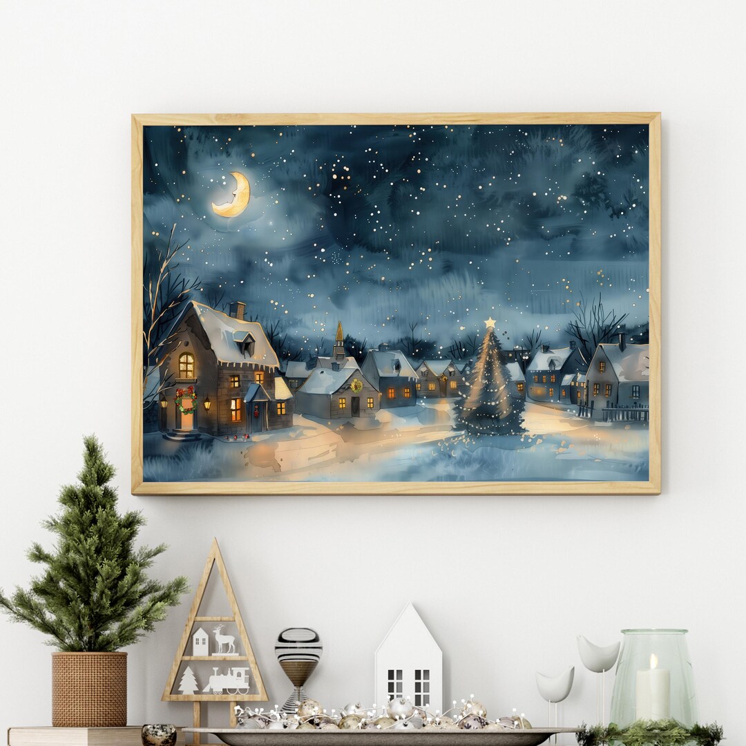 Moonlit Christmas Village Watercolor Art Print: Festive Winter Scene - Etsy