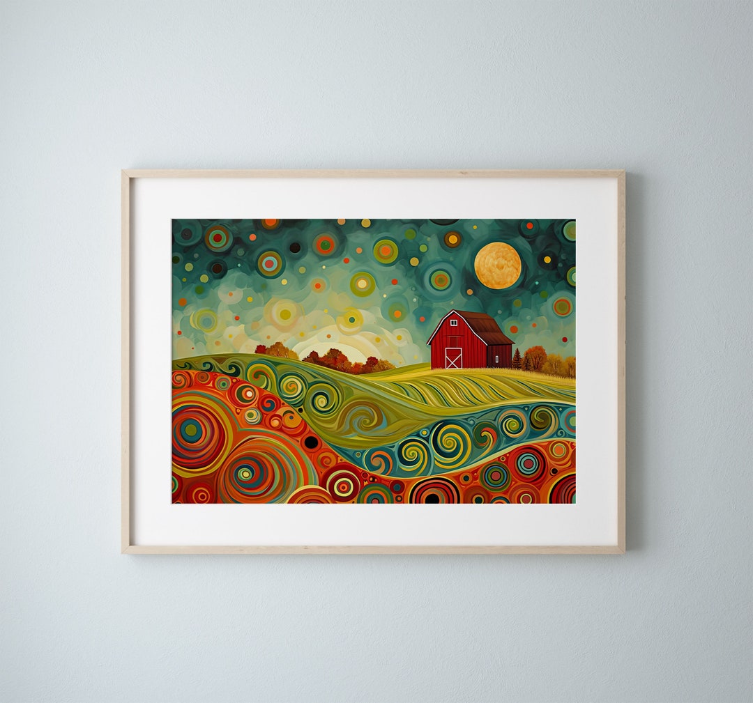 Red Barn Landscape Art Print: Whimsical Country Home Decor (digital ...