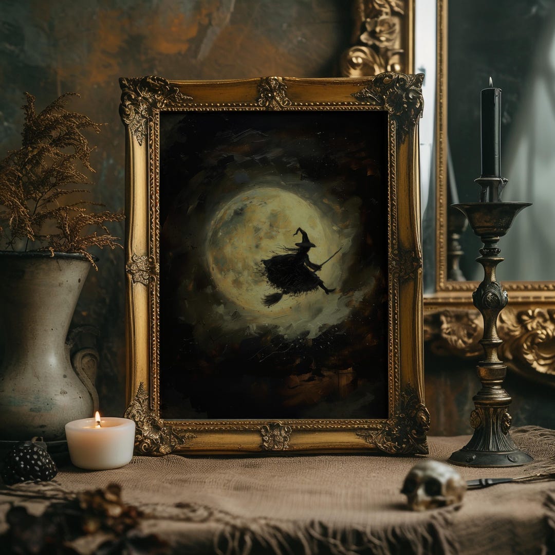 Full Moon Witch Art, Halloween Decoration, Unique Halloween Art, Spooky ...