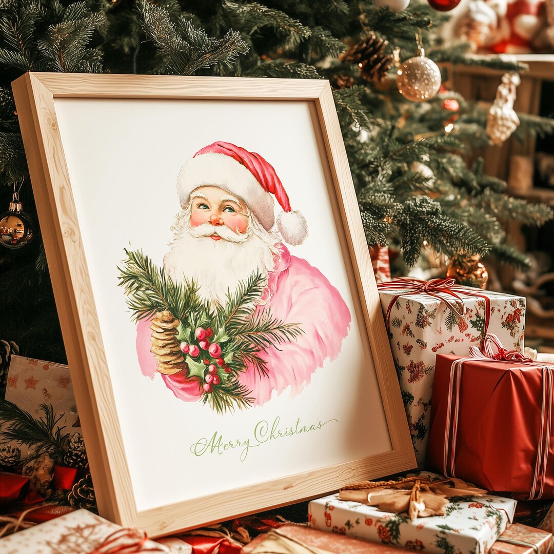 Pink Santa Print: Vintage Christmas Wall Art - Etsy
