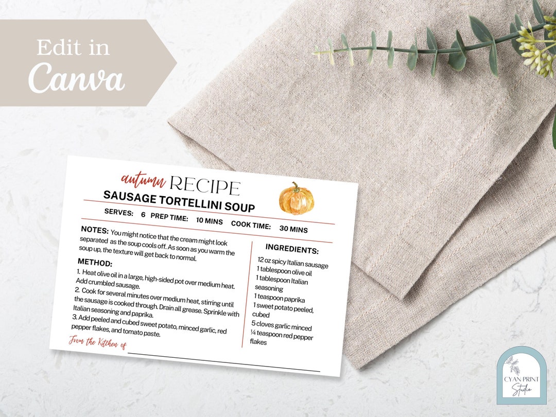 Autumn Recipe Card Template Editable 6x4 Canva Design Printable Recipe ...