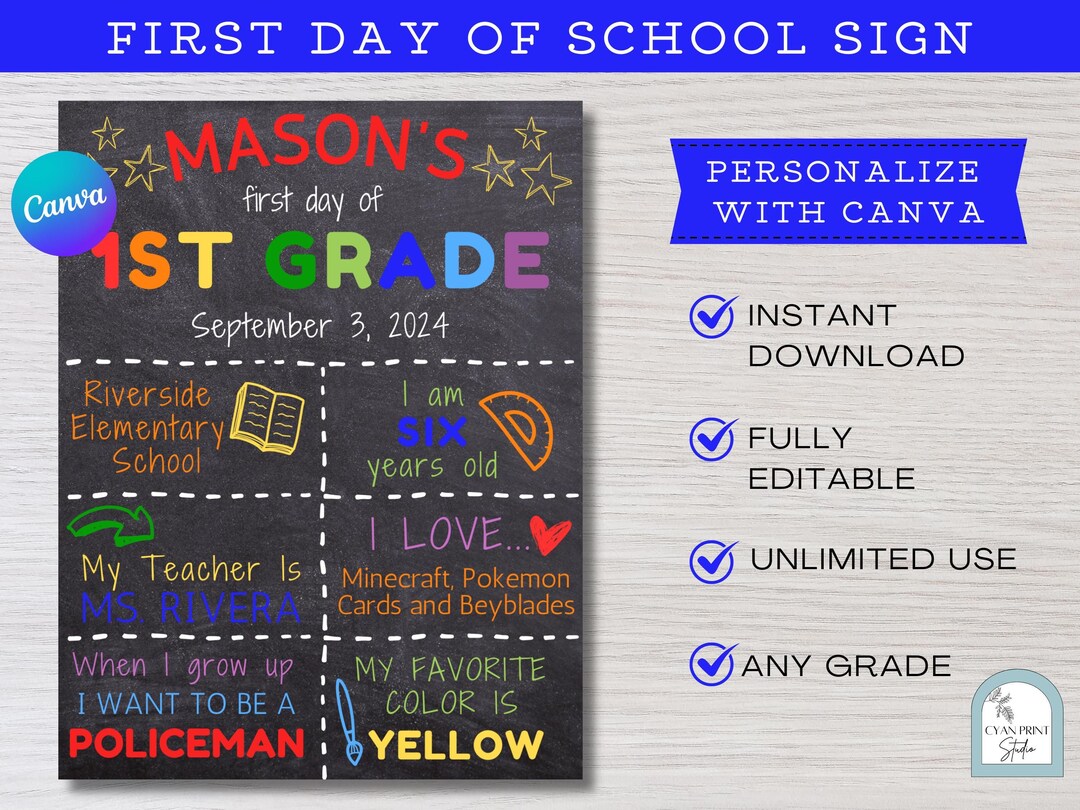Customizable First Day of School Sign, Editable With Canva, Printable ...