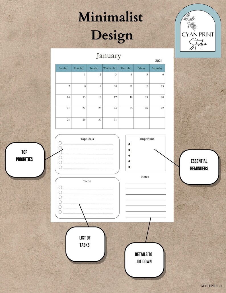 2024 Monthly Planner Printable, Monthly Calendar, Productivity Planner ...