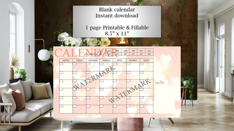 Blank Calendar. Digital Download With Heart Background. Easy to Use ...