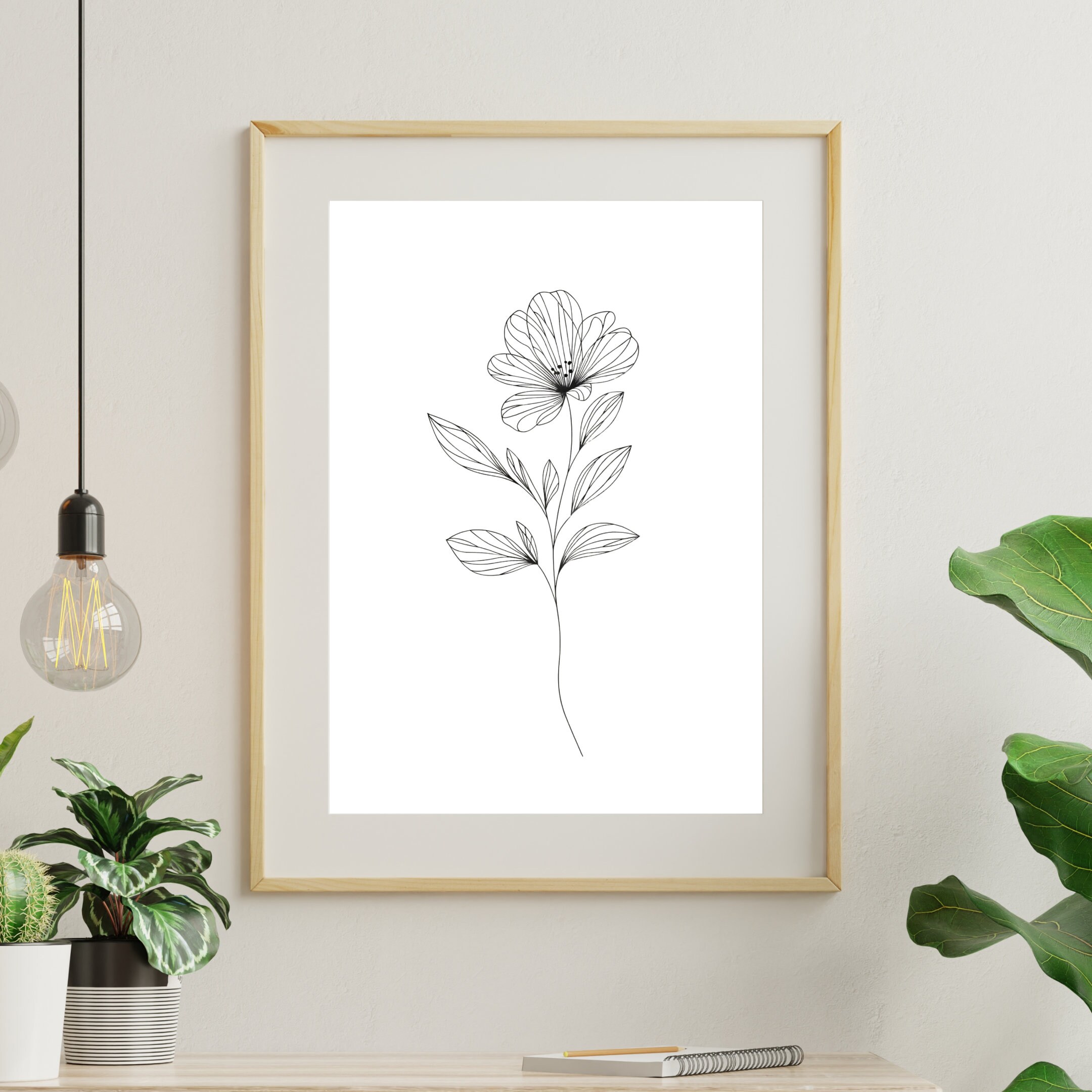 Flower Line Art Print, Floral Line Drawing, Printable Wall Art for Home ...