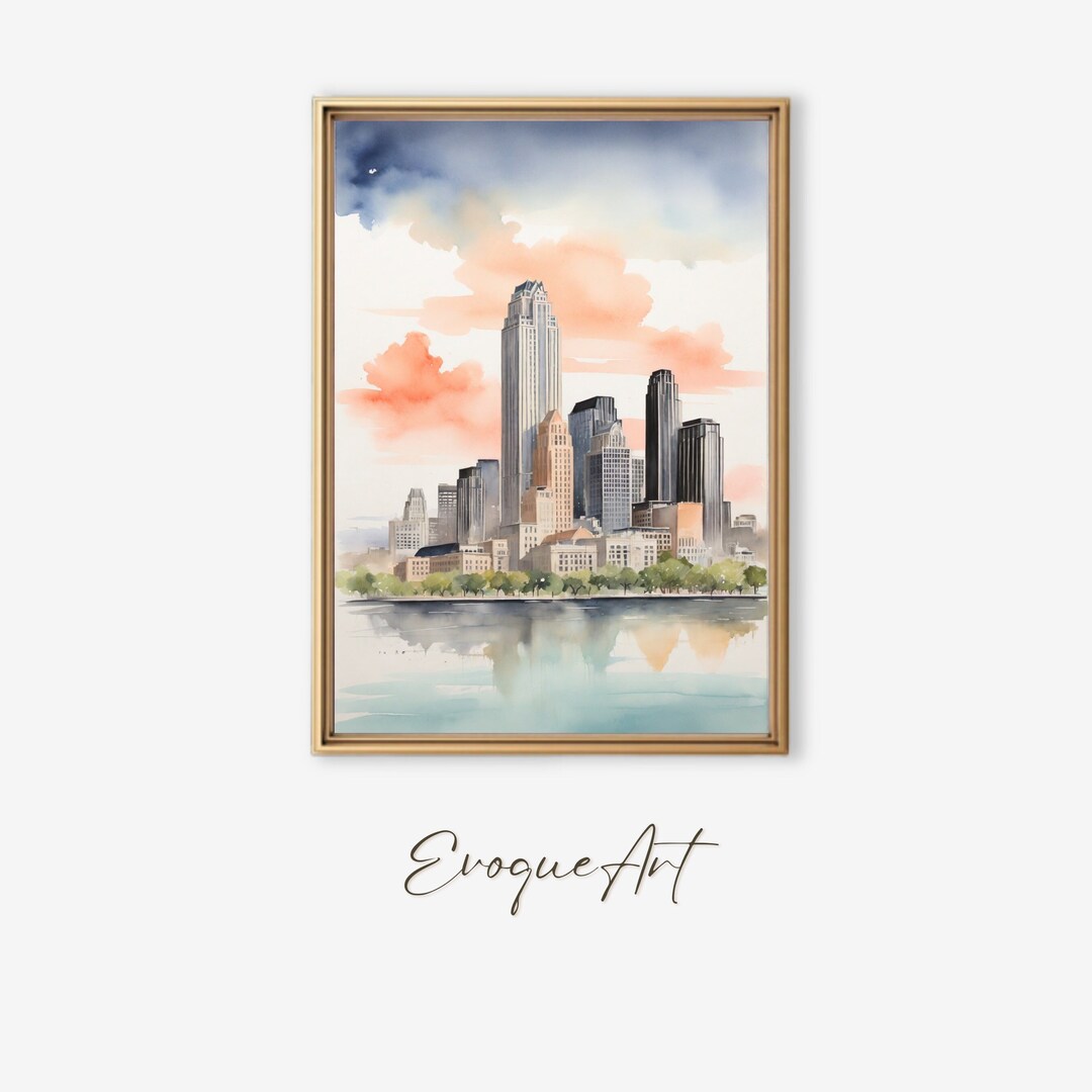 Austin, Texas Watercolor Print - Modern Cityscape Painting With Sunrise ...