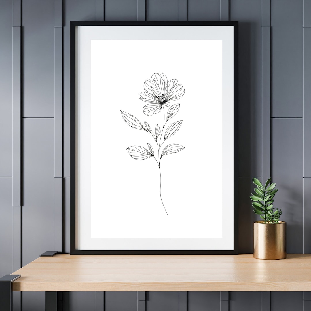 Flower Line Art Print, Floral Line Drawing, Printable Wall Art for Home ...