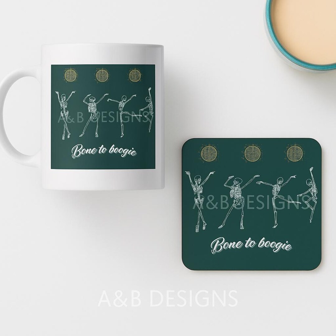 Bone to Boogie Skeleton Mug & Coaster Set | Dancing Skeletons Halloween ...