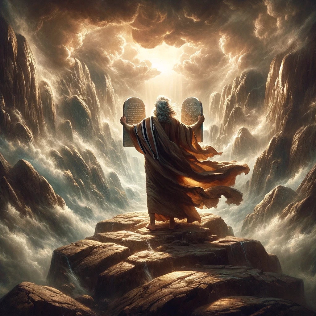 Moses and the Ten Commandments Matte Canvas Painting Print, Christian Artwork From Bible Stories ...