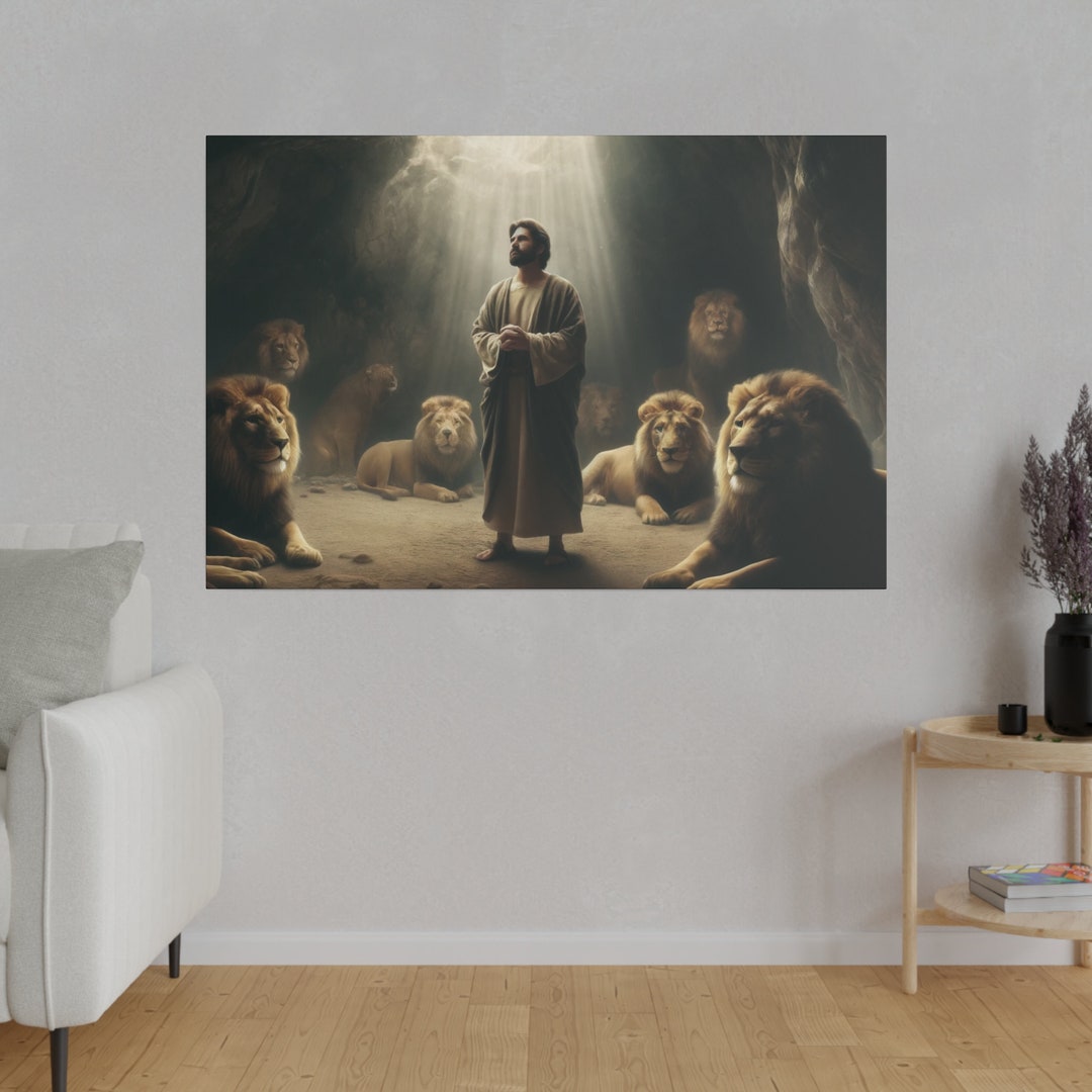 Daniel and the Lions Den Matte Canvas Painting Print, Christian Artwork ...