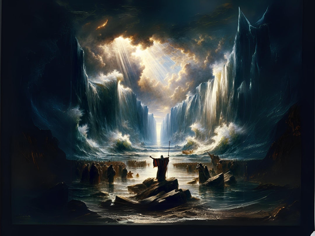 Moses Splitting the Red Sea Canvas Painting Print, Christian Artwork ...