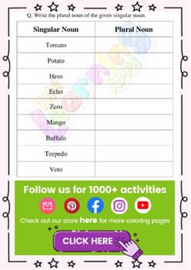 Singular and Plural Noun Printable Worksheets English Grammar Lesson ...